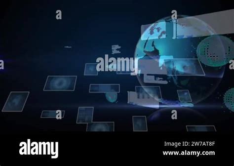 Animation Of Data Processing And Scopes Scanning Over Screens And Globe