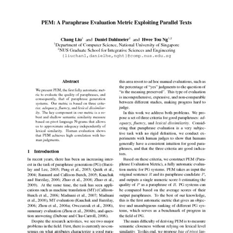 Pem A Paraphrase Evaluation Metric Exploiting Parallel Texts Acl