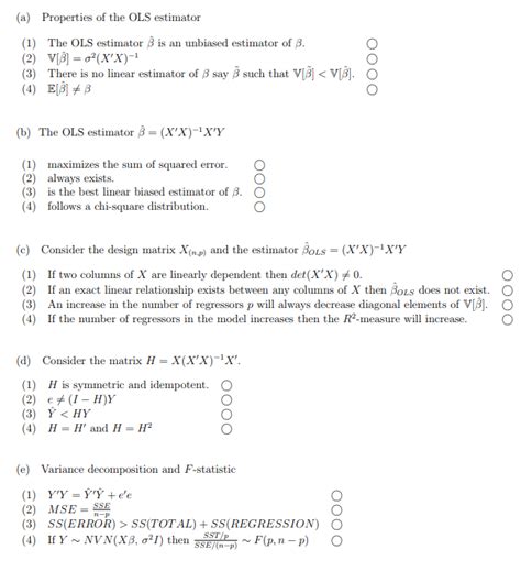 solved a properties of the ols estimator 1 the ols
