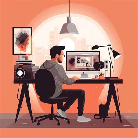 Simple Minimal Tech Illustration Man Editing Video In A Desk Premium