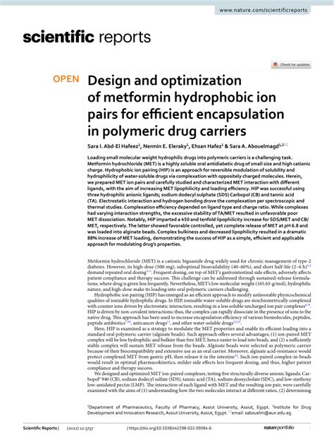 Pdf Design And Optimization Of Metformin Hydrophobic Ion Pairs For Efficient Encapsulation In