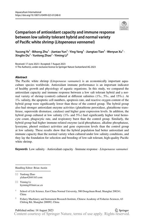 Comparison Of Antioxidant Capacity And Immune Response Between Low Salinity Tolerant Hybrid And