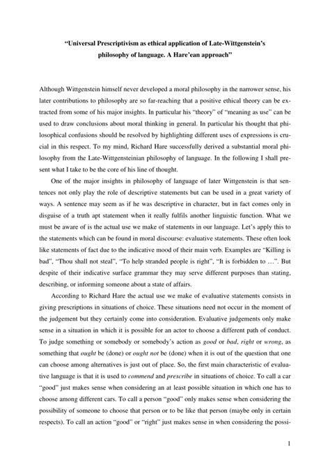 Pdf Hares Universal Prescriptivism As Application Of Late Wittgensteins Philosophy Of Language