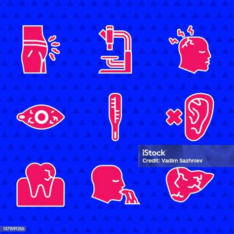설정 의료 온도계 구토 남자 간염 바이러스 청각 장애인 충치와 치아 붉은 눈 두통과 복부 Bloating 아이콘을 가진 남자 벡터 가공의 인물에 대한 스톡 벡터 아트 및