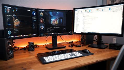 Desk Setup With Multiple Computer Screens And Keyboard For Work Stock