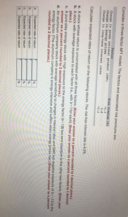 solved consider a three factor apt model the factors and