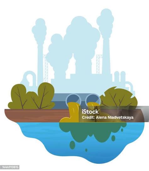 더러운 물은 강을 오염시키는 파이프에서 비롯됩니다 액체 화학 폐기물의 배출 백그라운드에서 공장 환경에 대한 위험 인포그래픽을