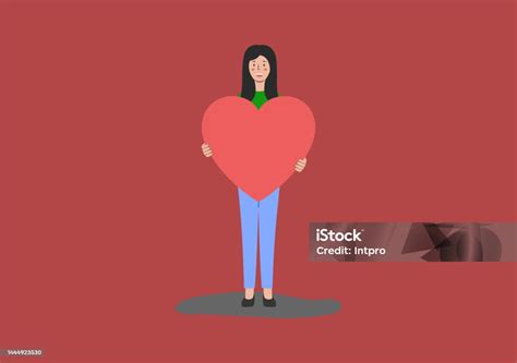 젊은 여자는 마음 챙김과 사랑으로 큰 빨간 마음을 포용합니다 하트 모양으로 큰 엽서를 들고 웃고 있는 여성 캐릭터 해피 발렌타인 데이 인사말 카드 만화 플랫 스타일 벡터