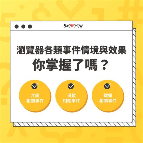 五倍學院 在開發 web 應用程式時 瀏覽器可能會發生的事件有很多種 像是介面、滑鼠、表單等相關事件