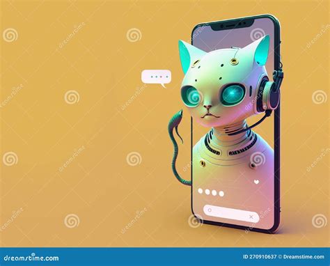 Futuristic Cat Robot With Ai In Screen Of Smartphone Concept Of