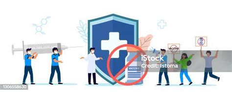 예방 접종 항의 플랫 벡터 일러스트 백신 거부 필수 예방 접종 예방 접종 주저 없음 Vax 개념 환자와 의사와 간호사 예방 의학의 필요성을 주장 백신접종에 대한 스톡 벡터