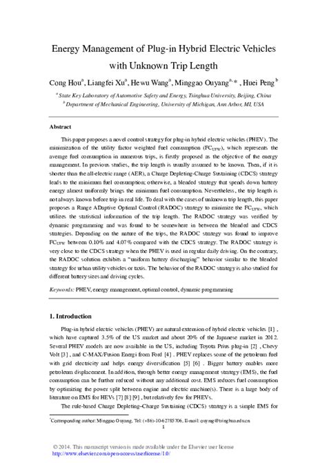 Pdf Energy Management Of Plug In Hybrid Electric Vehicles With