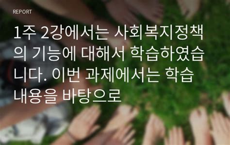 1주 2강에서는 사회복지정책의 기능에 대해서 학습하였습니다 이번 과제에서는 학습 내용을 바탕으로 레포트