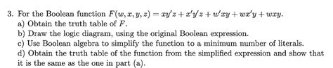 Solved 3 For The Boolean Function Fw A Y Z Xyz