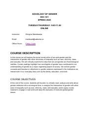 Spring SOC LECTURE A Pdf SOCIOLOGY OF GENDER SOC SPRING TUESDAY THURSDAY