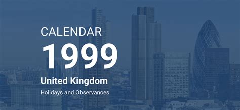Year 1999 Calendar United Kingdom
