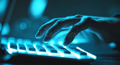 Hand On Illuminated Keyboard Coding Gaming Or Cyber Security Concept Stock Image Image Of