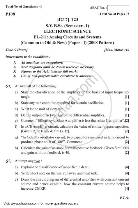 Analog Circuits And Systems B Sc Electronic Science Semester Sybsc Question Paper