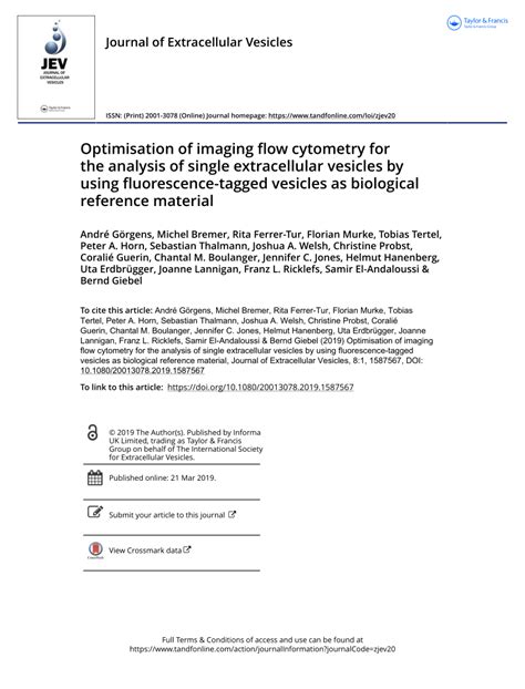 Pdf Optimisation Of Imaging Flow Cytometry For The Analysis Of Single Extracellular Vesicles