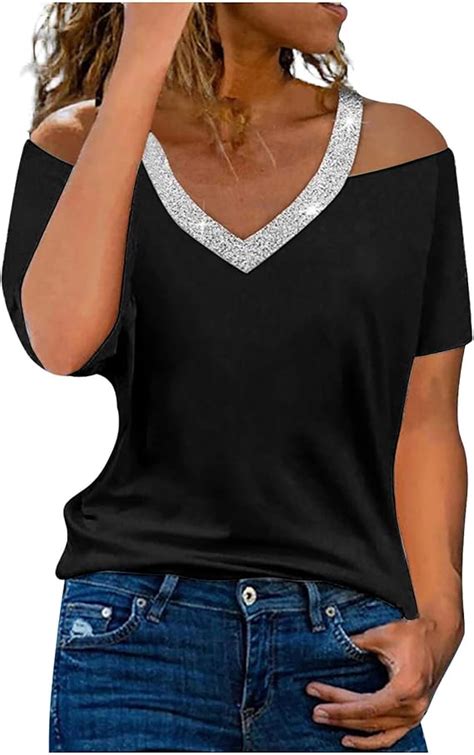 Damen Schulterfreies Glitzer Oberteile Sexyv Ausschnitt Oversize