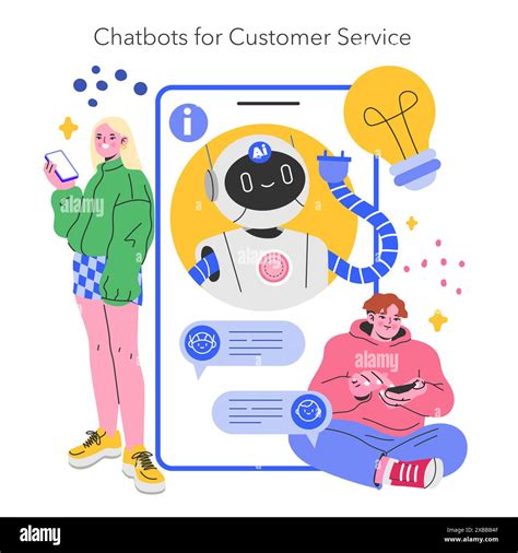 Retail Tech Concept Illustration Of Ai Chatbot Assisting Customers With Two People Engaging Via