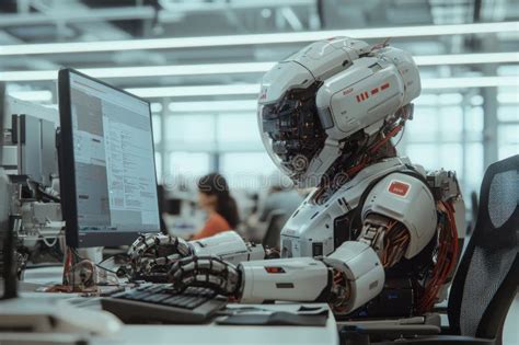 Robots And Humans Collaborate In Futuristic Office Space Stock Image