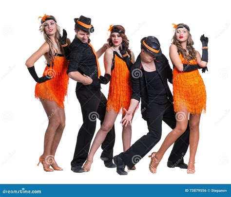 Cabaret Dancer Team Dancing Isolated On White Background In Full