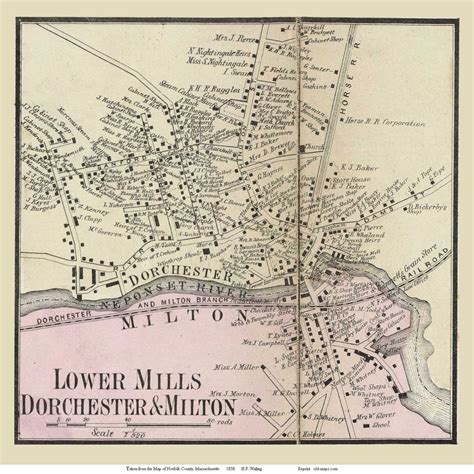 Lower Mills Village Massachusetts 1858 Old Town Map Custom Print Norfolk Co Old Maps