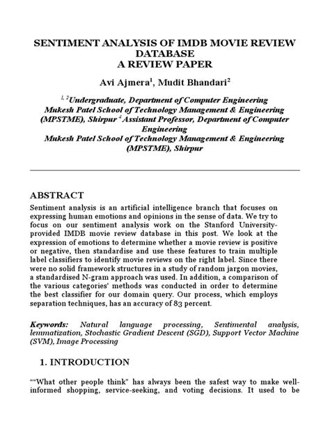 Sentiment Analysis Of Imdb Movie Review Database Final Pdf Artificial Intelligence