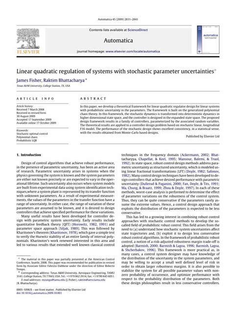 Pdf Linear Quadratic Regulation Of Systems With Stochastic Parameter