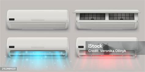 분할 시스템 에어컨 열린 뚜껑 대기 및 활성 모드와 에어컨 장치 냉각 및 난방 공기 흐름 3d 벡터 일러스트 레이 션 세트