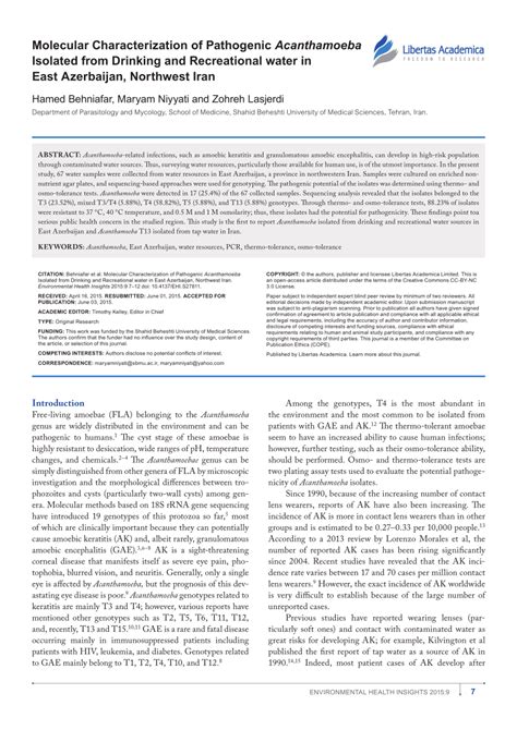 Pdf Molecular Characterization Of Pathogenic Acanthamoeba Isolated From Drinking And