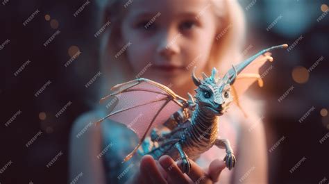 Premium Photo Small Little Blonde Girl With Pink Dress Stands On The Palm Hand With Small Dragon