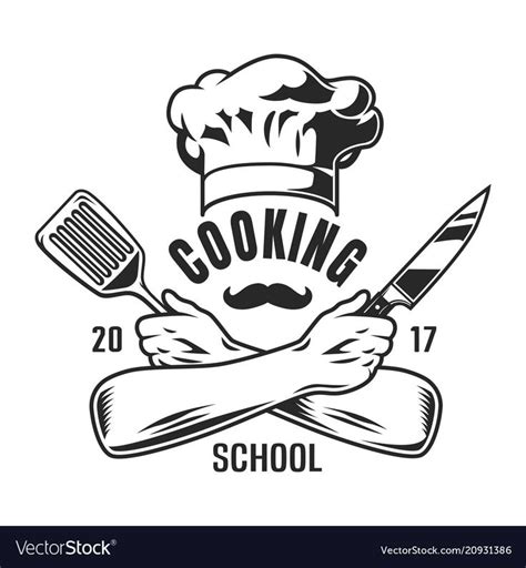 Vintage Cooking Logo With Hat Crossed Chef Hands Holding Knife And