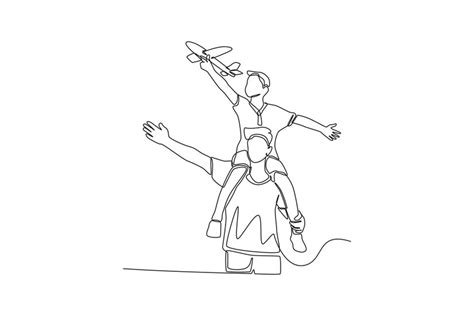 종이 비행기를 들고 그의 활동적인 아버지 어깨에 앉아 단일 한 줄 그리기 행복한 소년 가족 시간 개념 연속 선 그리기 디자인