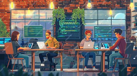A Group Of Four Young Professionals Working On A Coding Project In A Modern Office Premium Ai