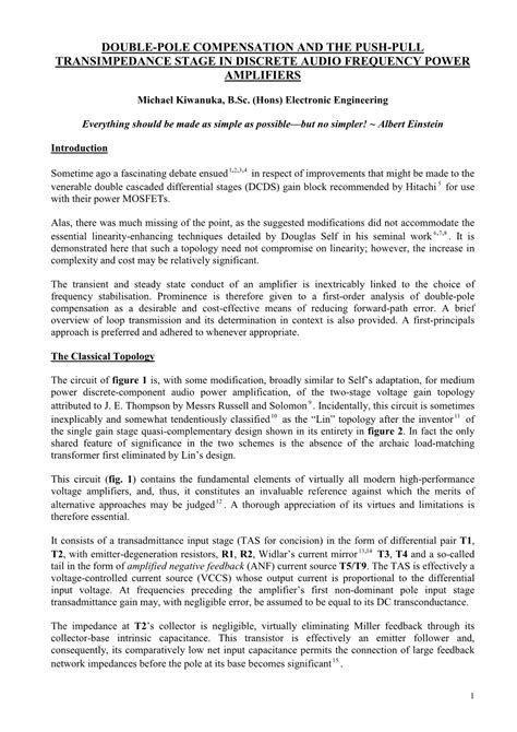 Double Pole Compensation And The Push Pull Transimpedance Stage In Discrete Audio Frequency