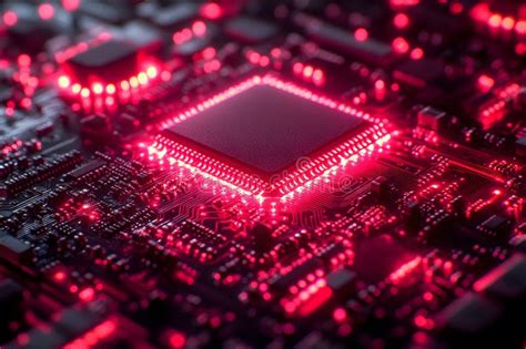 Futuristic Red Glowing Circuit Board With Central Microchip For
