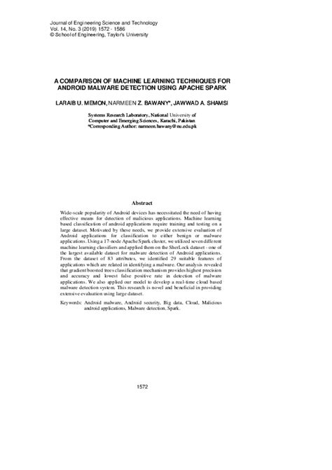 Pdf A Comparison Of Machine Learning Techniques For Android Malware Detection Using Apache Spark