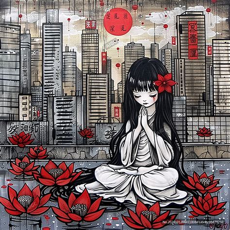 Ai创作图中国城市系列插画设计 佛系插画 少女念经图 红孩儿插画 国潮佛系插画 佛系装饰画 Japandi风格 古风装饰画艺术城市 港澳台插画 北上广深手绘装饰画 文创少女插画 少女文创插画