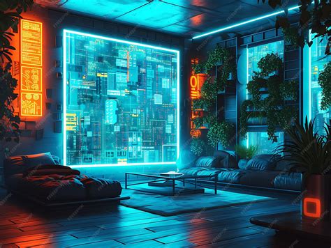 Premium Ai Image Interior Of Cyberpunk Living Room With Flashing