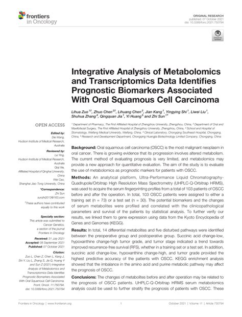 Pdf Integrative Analysis Of Metabolomics And Transcriptomics Data Identifies Prognostic