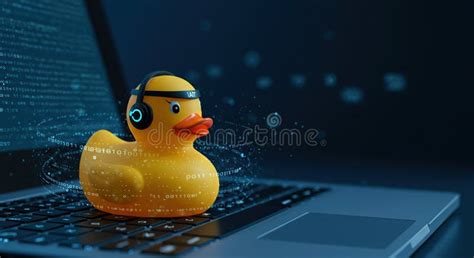 Rubber Duck Debugging On Laptop Keyboard With Binary Code Visualization