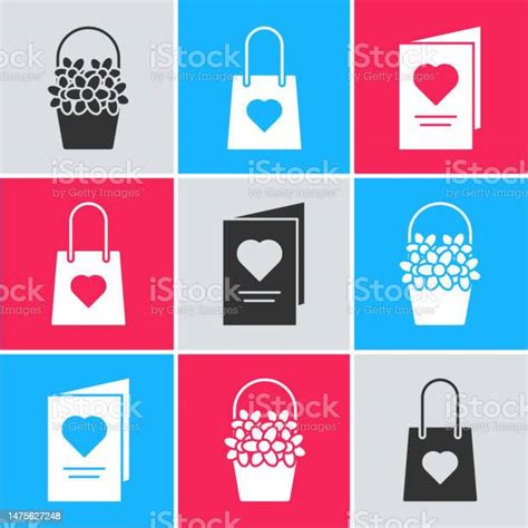바구니에 꽃을 놓고 하트가 있는 쇼핑백과 하트 아이콘이 있는 발렌타인 데이 파티 전단지를 설정합니다 벡터 0명에 대한 스톡 벡터 아트 및 기타 이미지 Istock