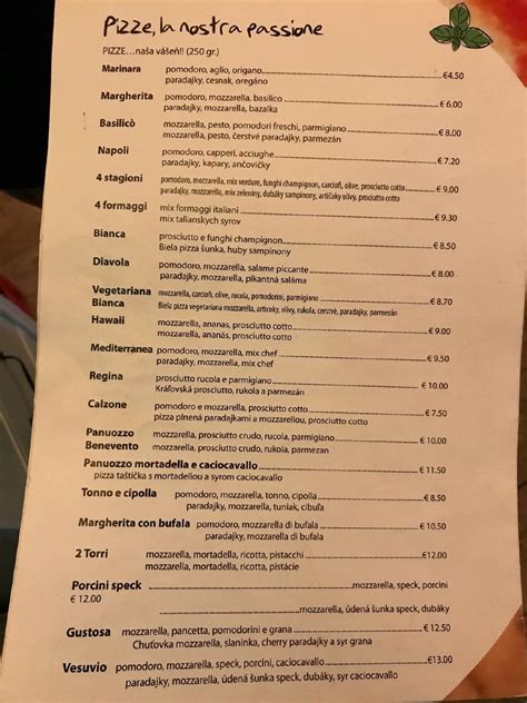 Menu At Basilico Restaurant Bratislava Dunajská 25