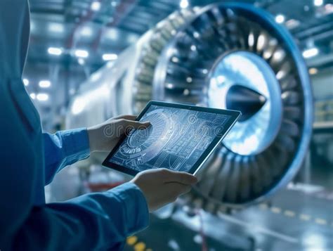 Engineer Analyzing Jet Engine With Digital Tablet Stock Image Image