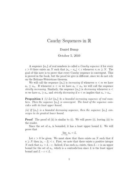 Cauchy Sequences In R Daniel Bump October 5 2010 Pdf Sequence Real Number