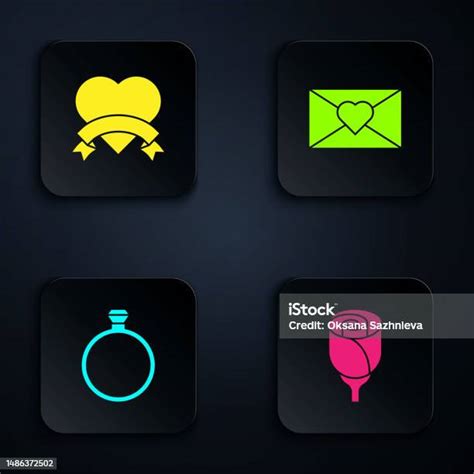 꽃 장미 하트 다이아몬드 약혼 반지 및 발렌타인 하트 봉투를 설정하십시오 검은색 사각형 버튼입니다 벡터 0명에 대한 스톡 벡터 아트 및 기타 이미지 Istock