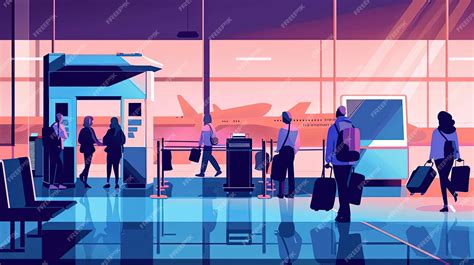 Illustrated Airport Security Checkpoint With Passengers Waiting In Line Baggage Scanning And
