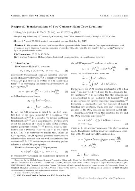 Pdf Reciprocal Transformations Of Two Camassaholm Type Equations